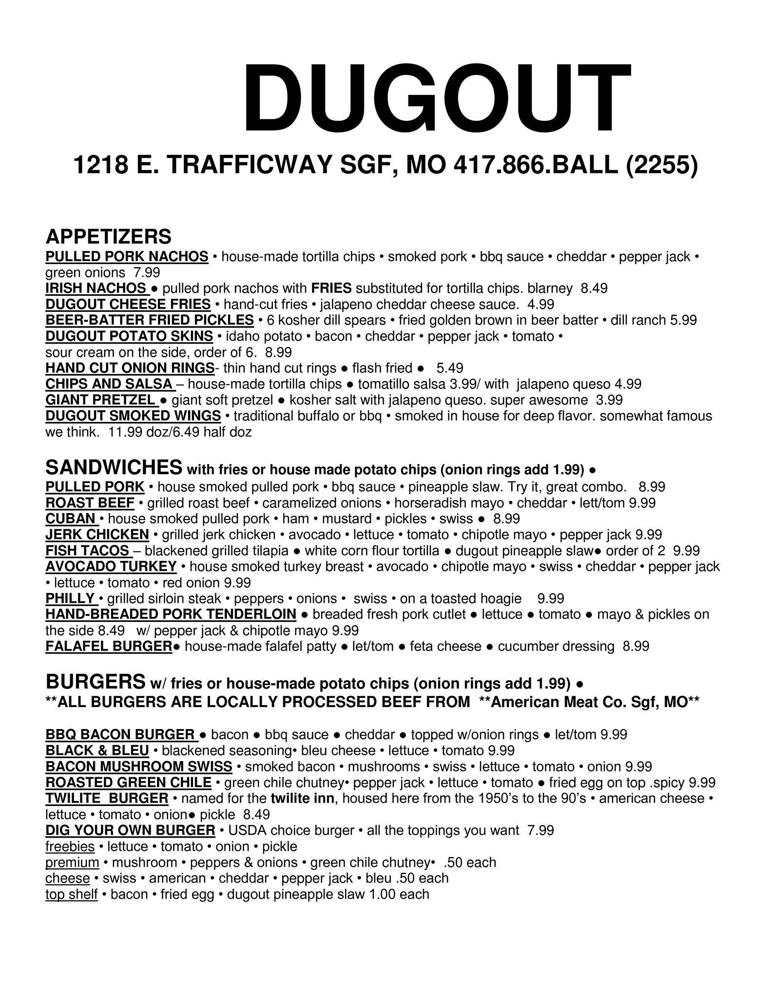 Menu at DUGOUT Bar & Grill & Sports & Music, Springfield
