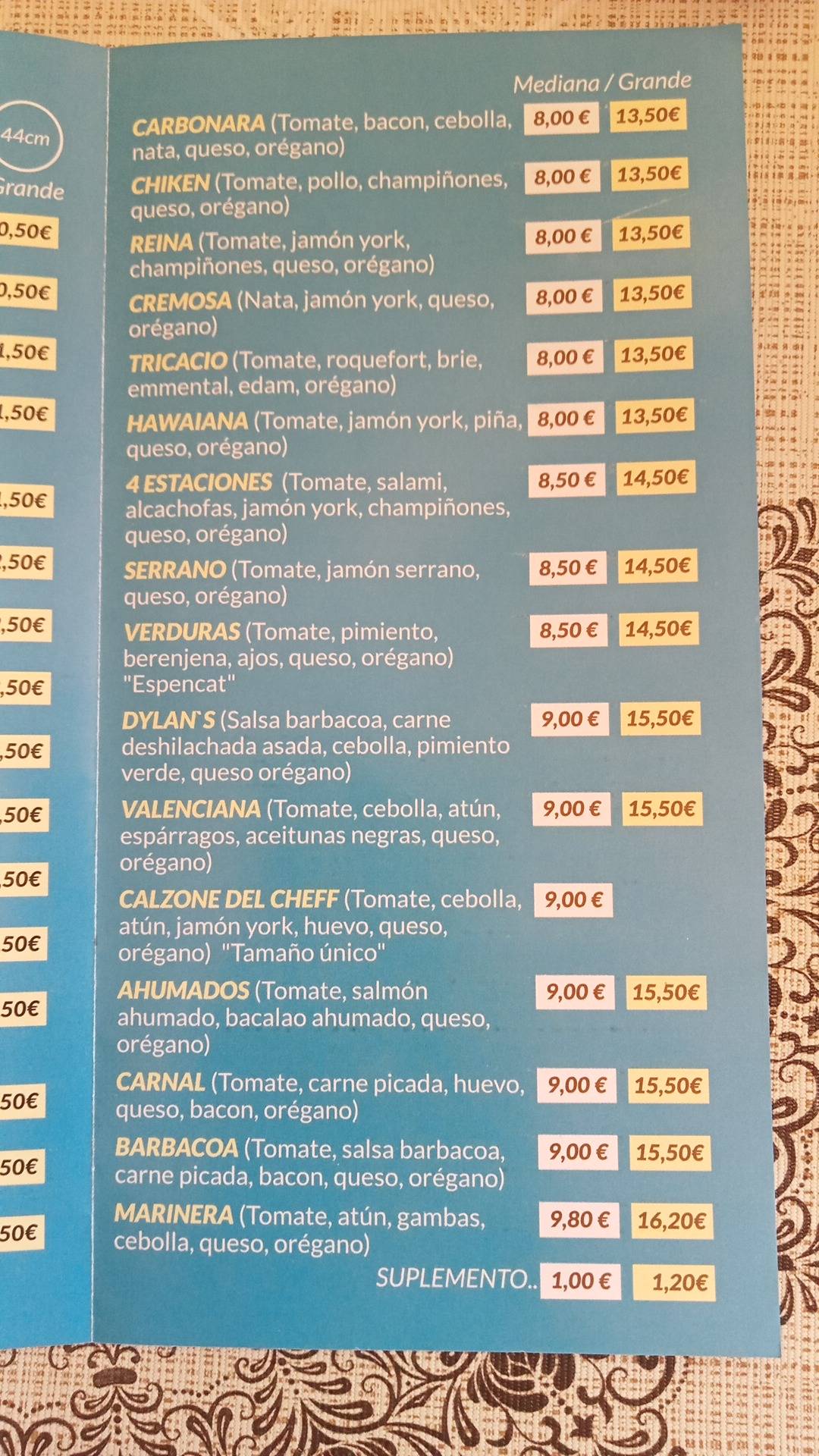Menu at DYLAN'S PIZZA PLAYA PILES restaurant, Piles