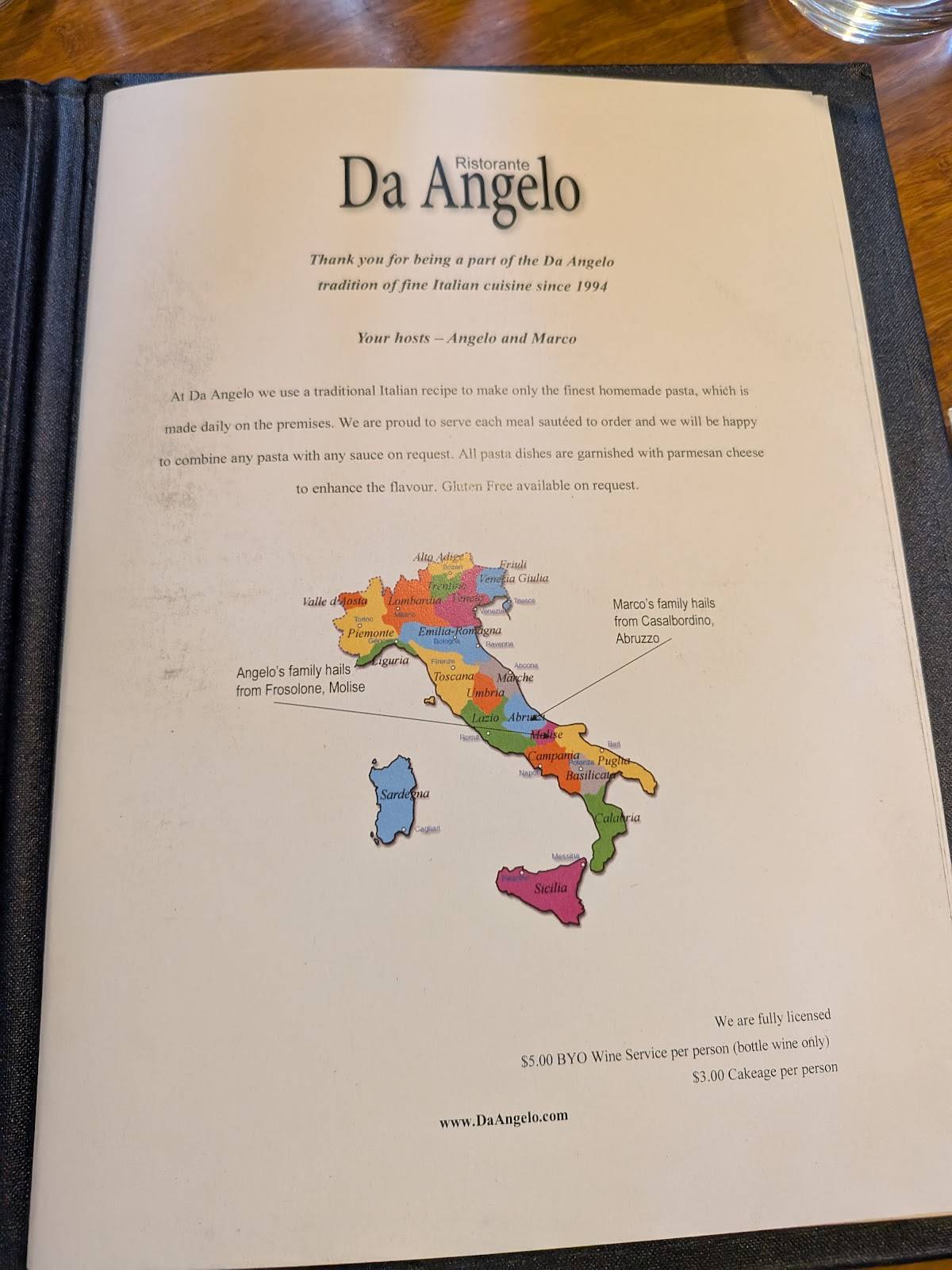 Menu at Da Angelo Ristorante restaurant, Battery Point