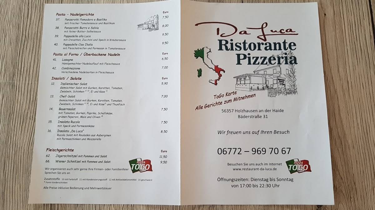 Speisekarte von Restaurant Pizzeria Da Luca, Holzhausen an der Haide
