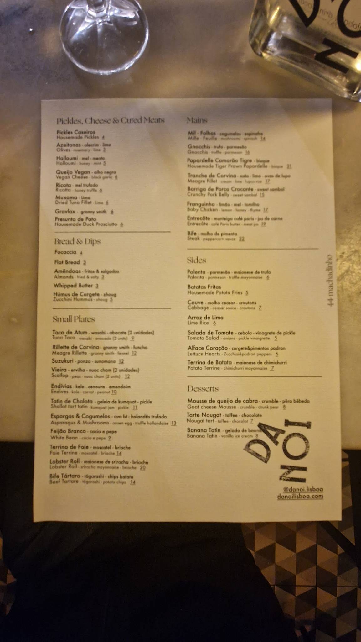 Menu at Da Noi restaurant, Lisbon