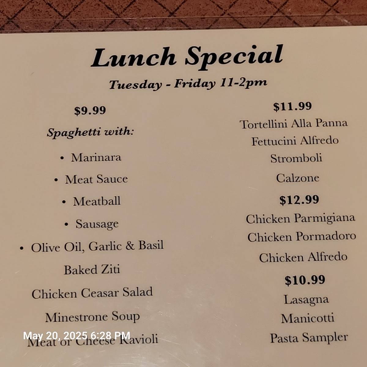Menu at DaVinci Italian Restaurant, Claremore