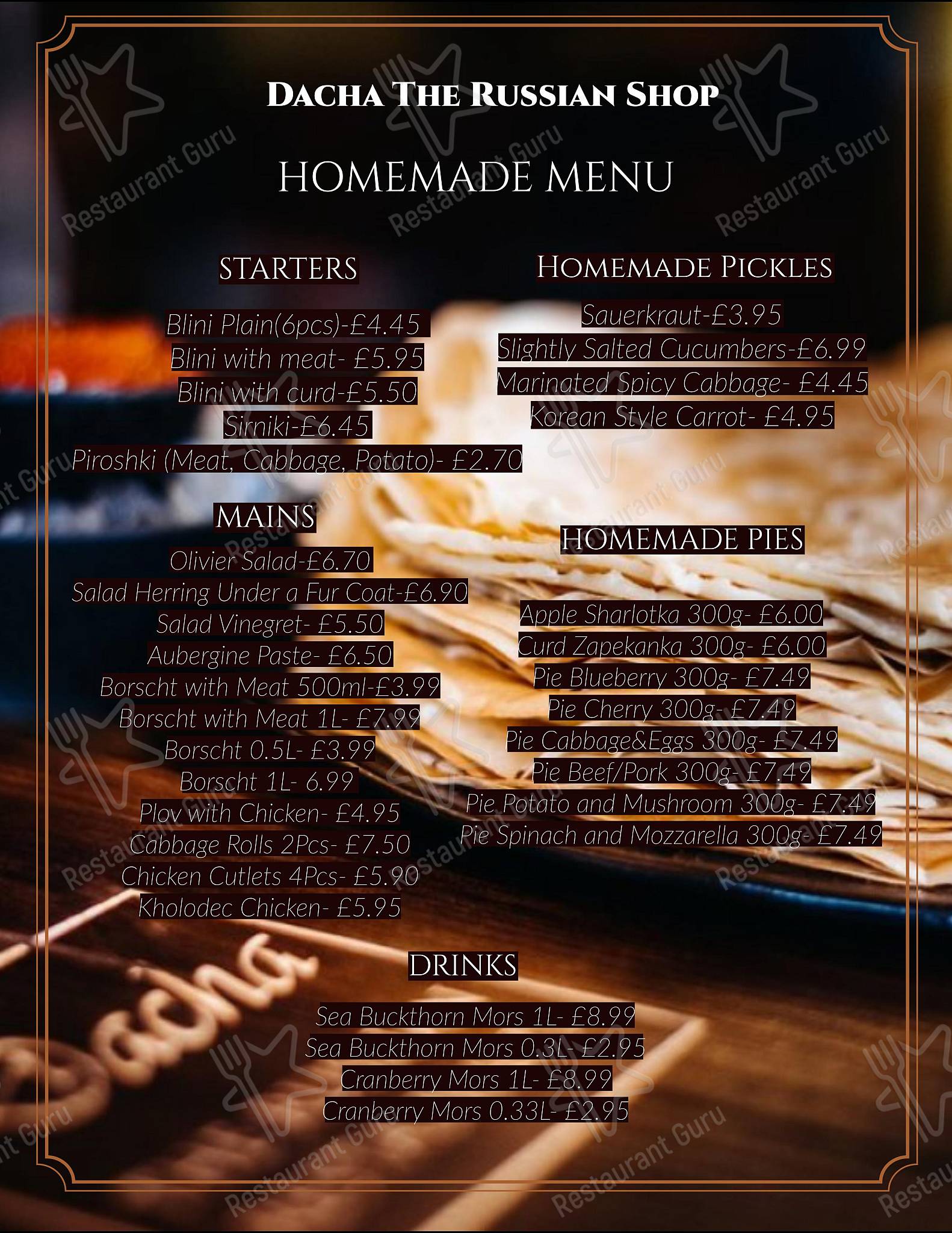 Menu at Dacha The Russian Shop restaurant, London