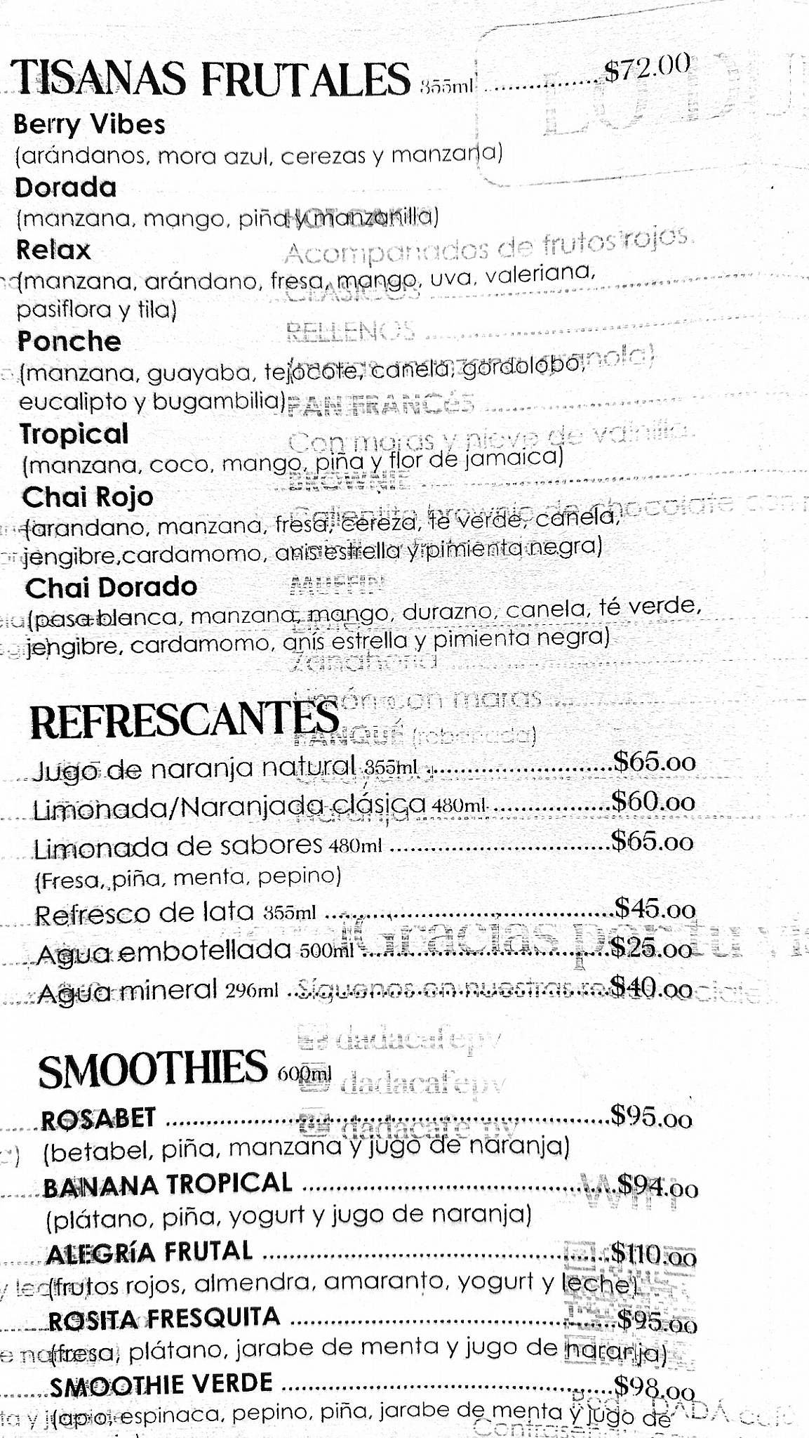 Menu at Dada Cafe PV, Puerto Vallarta