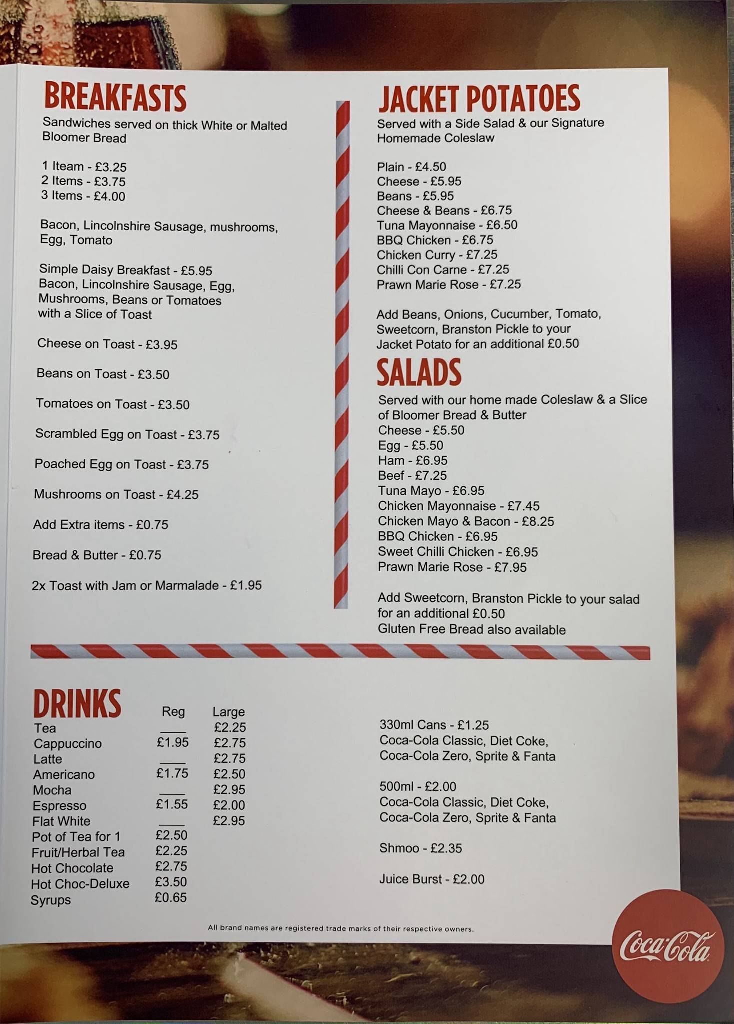 Carta del café Daisy’s Tea Rooms, Rothley
