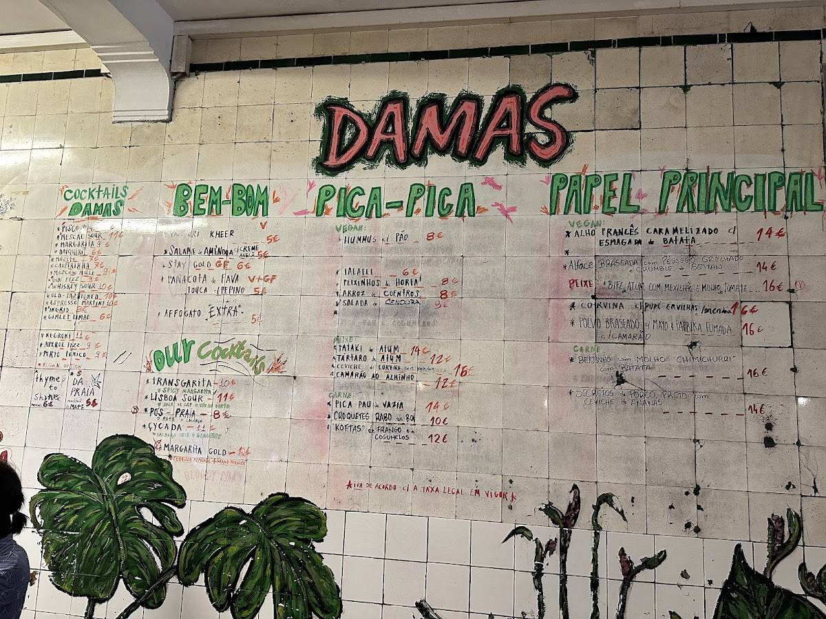Menu em Damas restaurante, Lisboa, R. da Voz do Operário 60