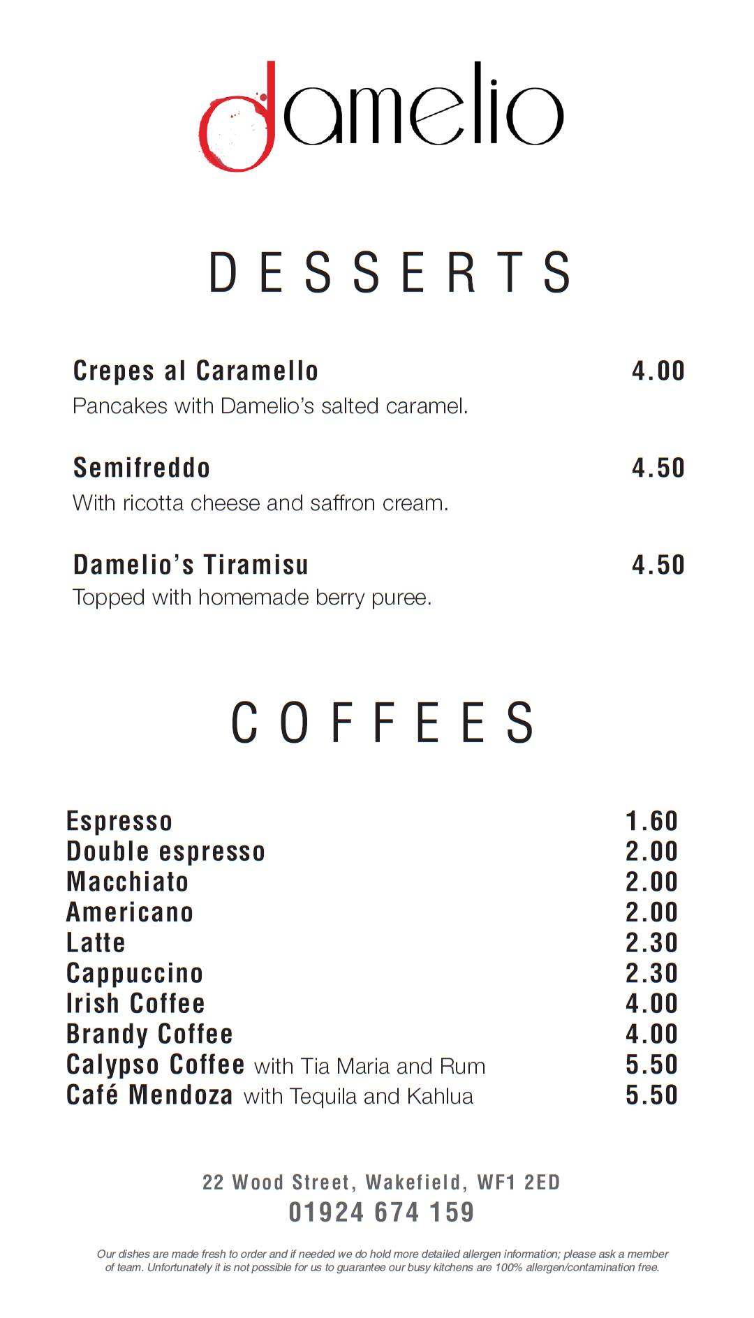 Menu at Damelio restaurant, Wakefield