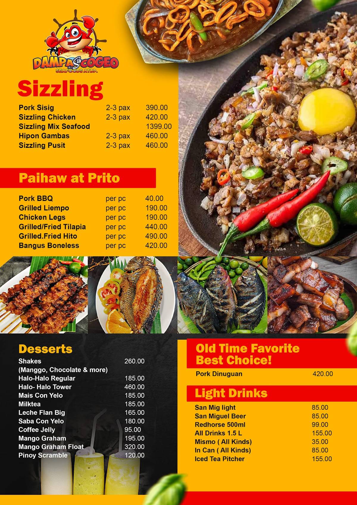 Menu at Dampa sa Cogeo Holy Spirit QC Branch restaurant, Quezon City