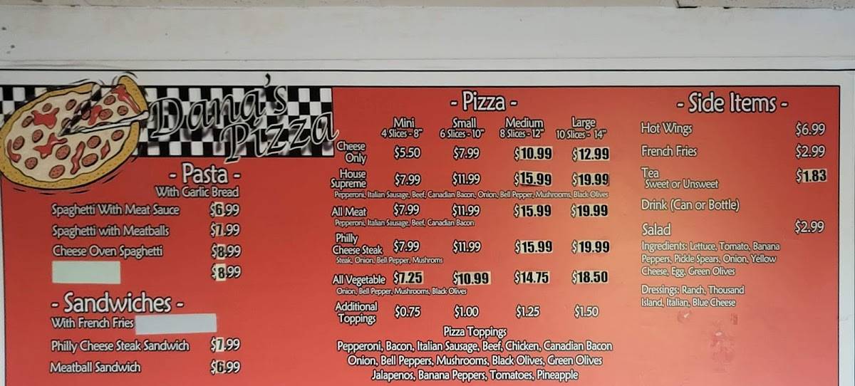 Menu at Dana's Pizza pizzeria, Olive Branch