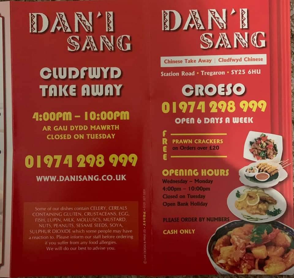 Menu at Dan'i Sang restaurant, Tregaron