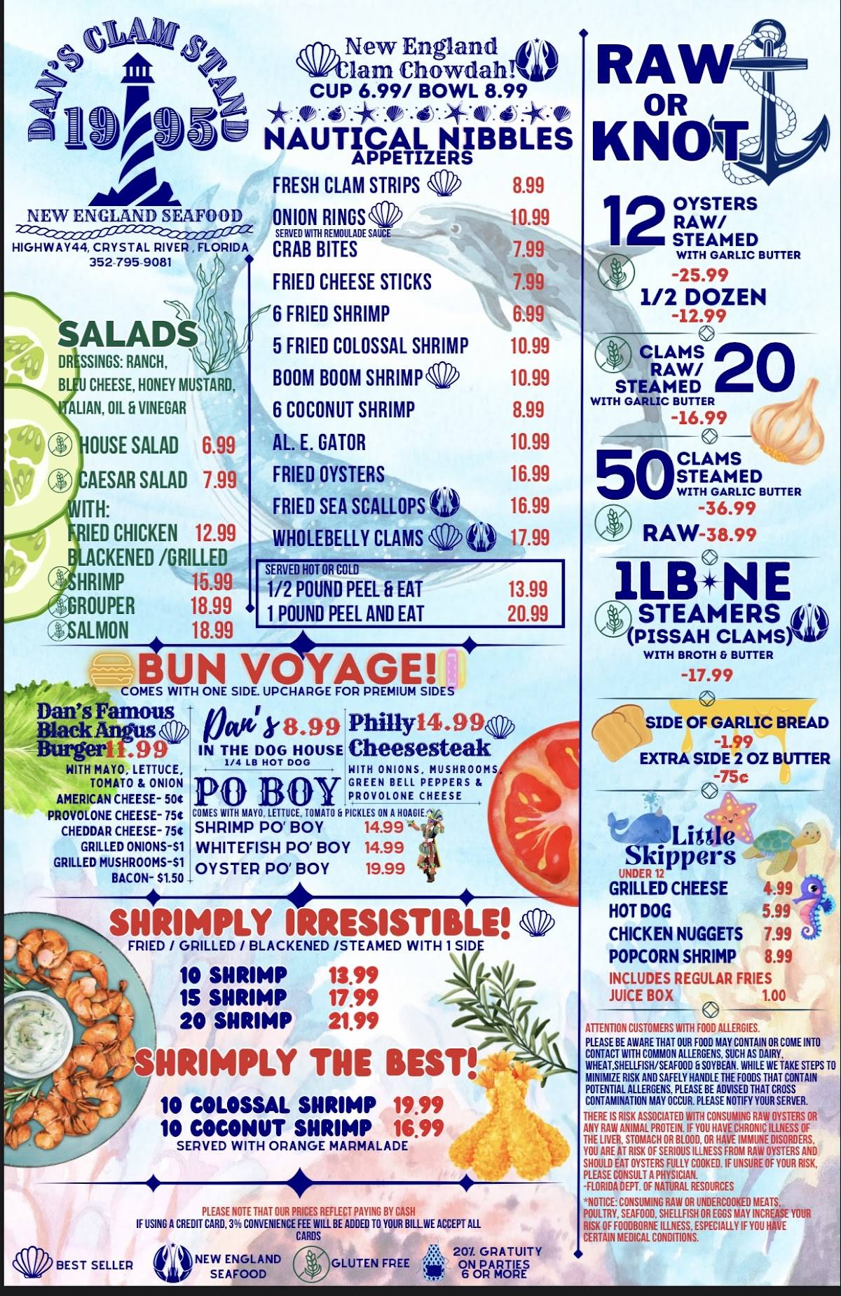 Menu at Dan's Clam Stand restaurant, Crystal River