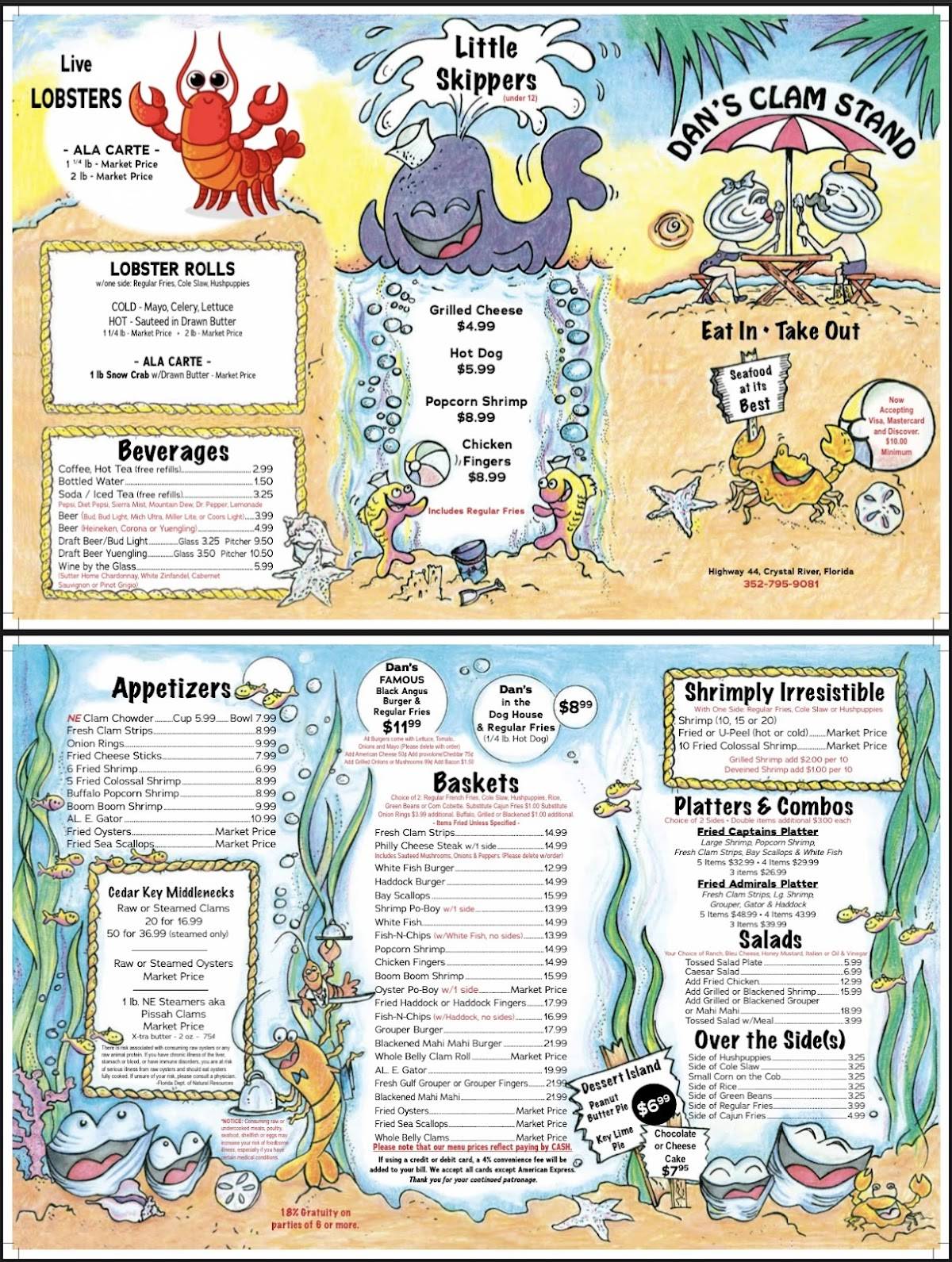 Menu at Dan's Clam Stand restaurant, Crystal River
