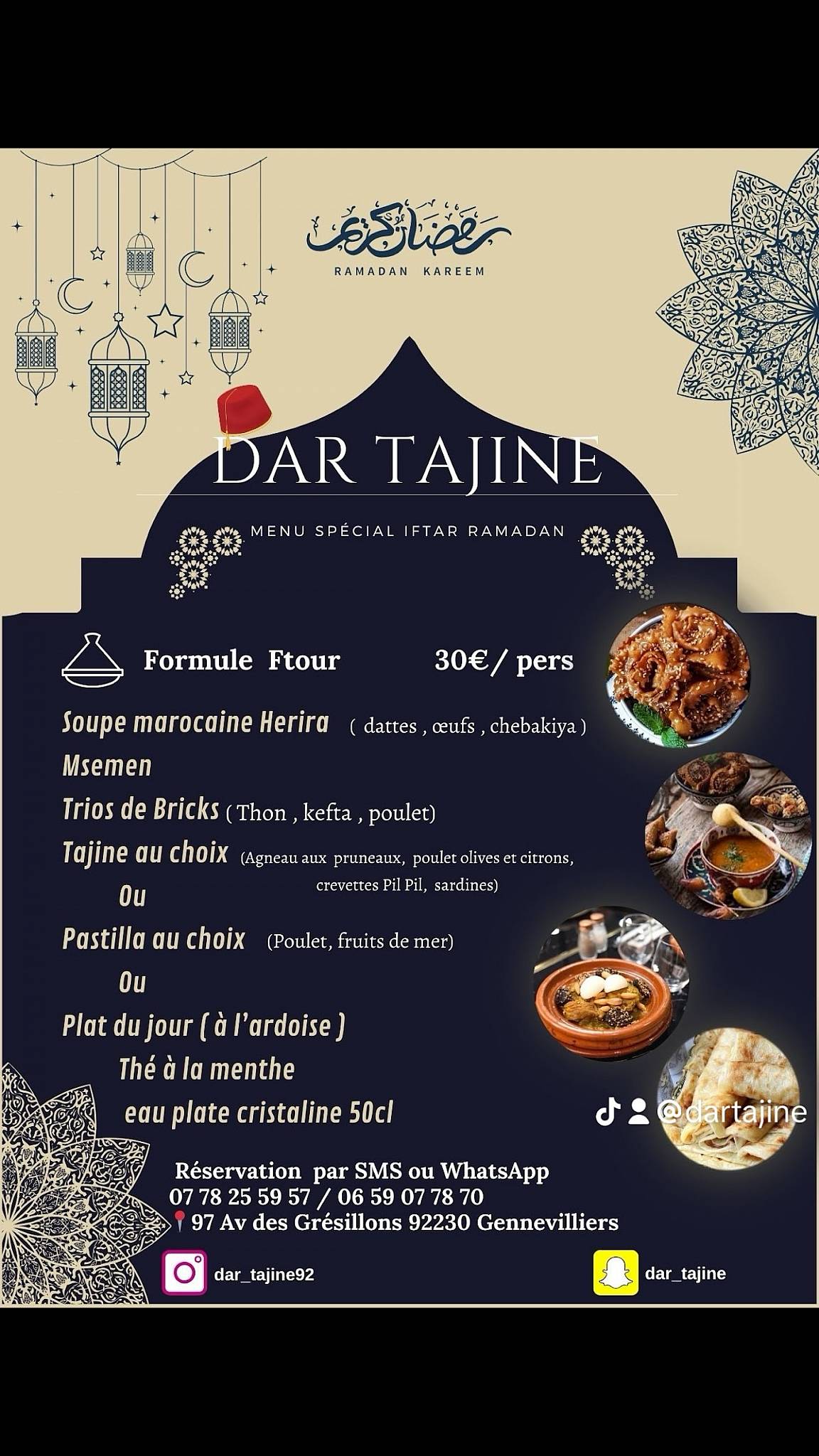 Menu au Dar Tajine restaurant, Gennevilliers