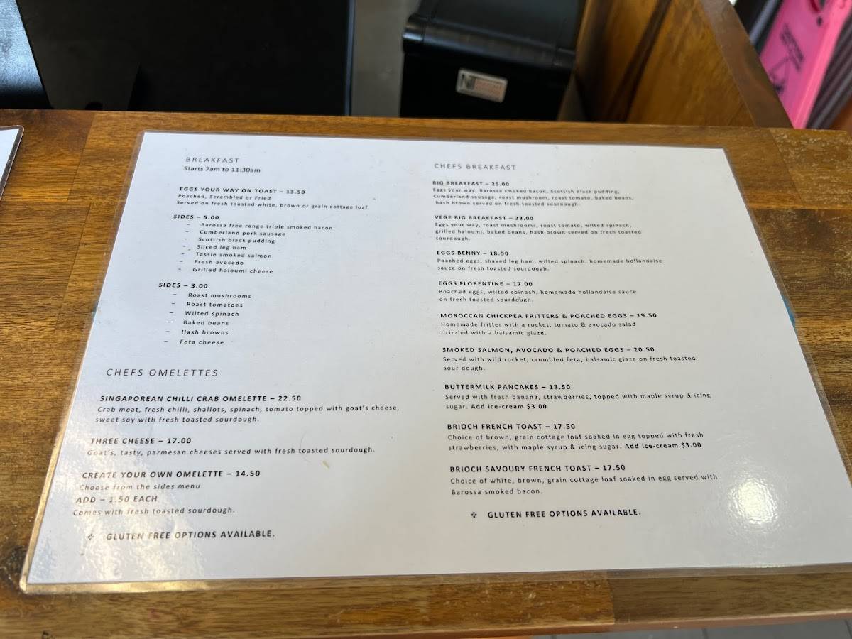 Menu at Darwin's Waterfront Café cafe, Darwin City