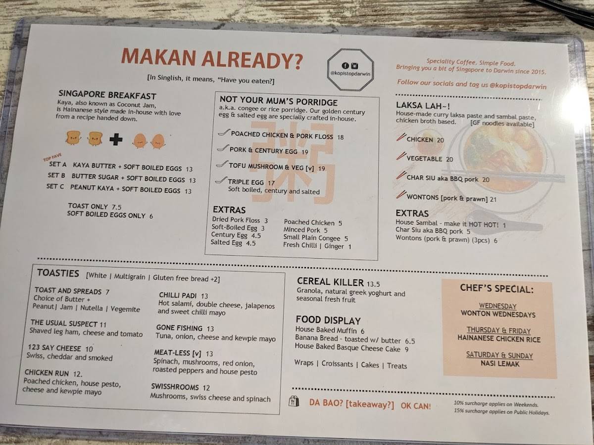 Menu at Kopi Stop cafe, Darwin City