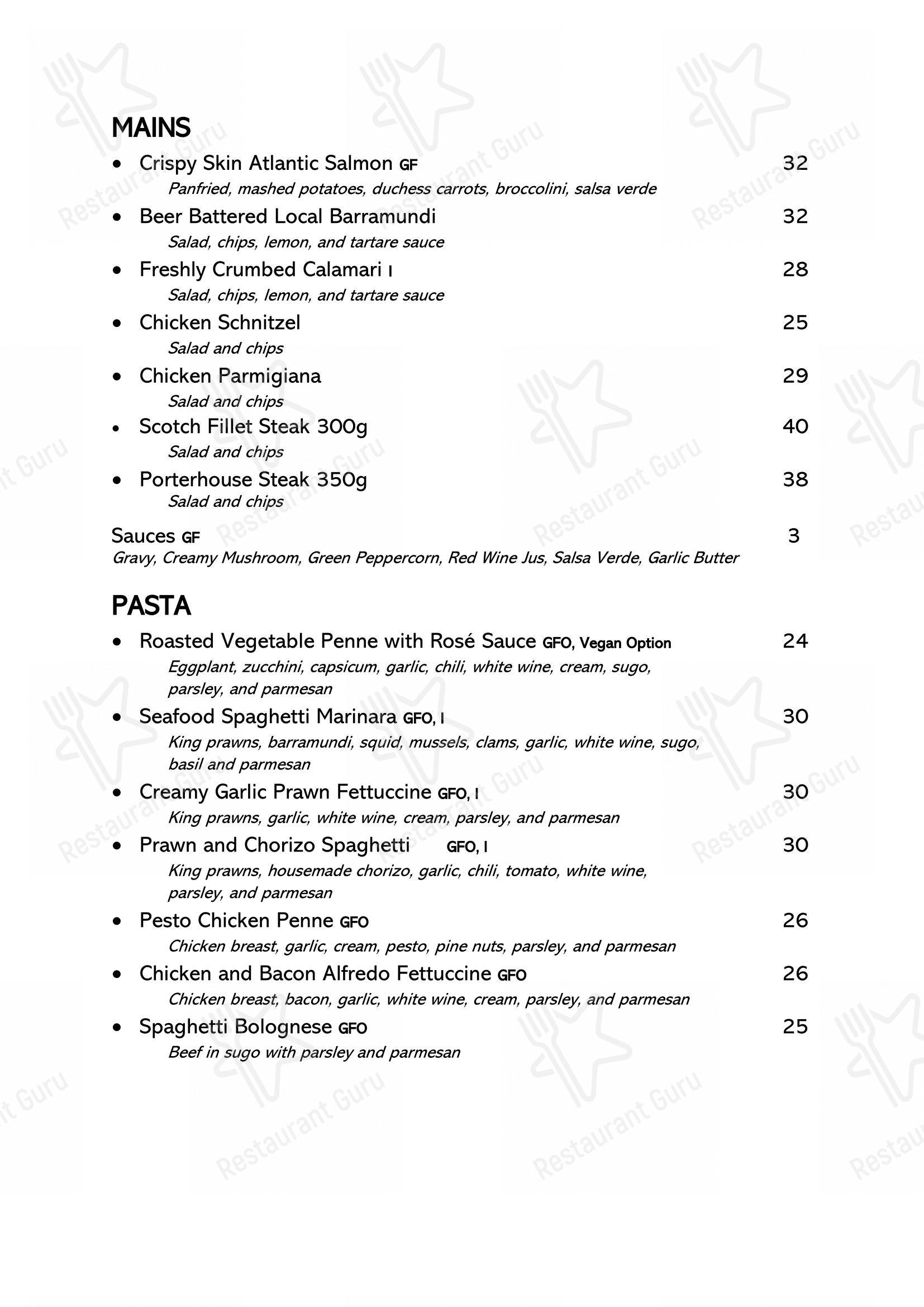 Menu at Darwin Sailing Club, Fannie Bay