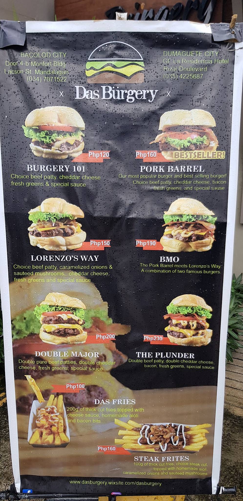 Carta del restaurante Das Burgery, Dumaguete