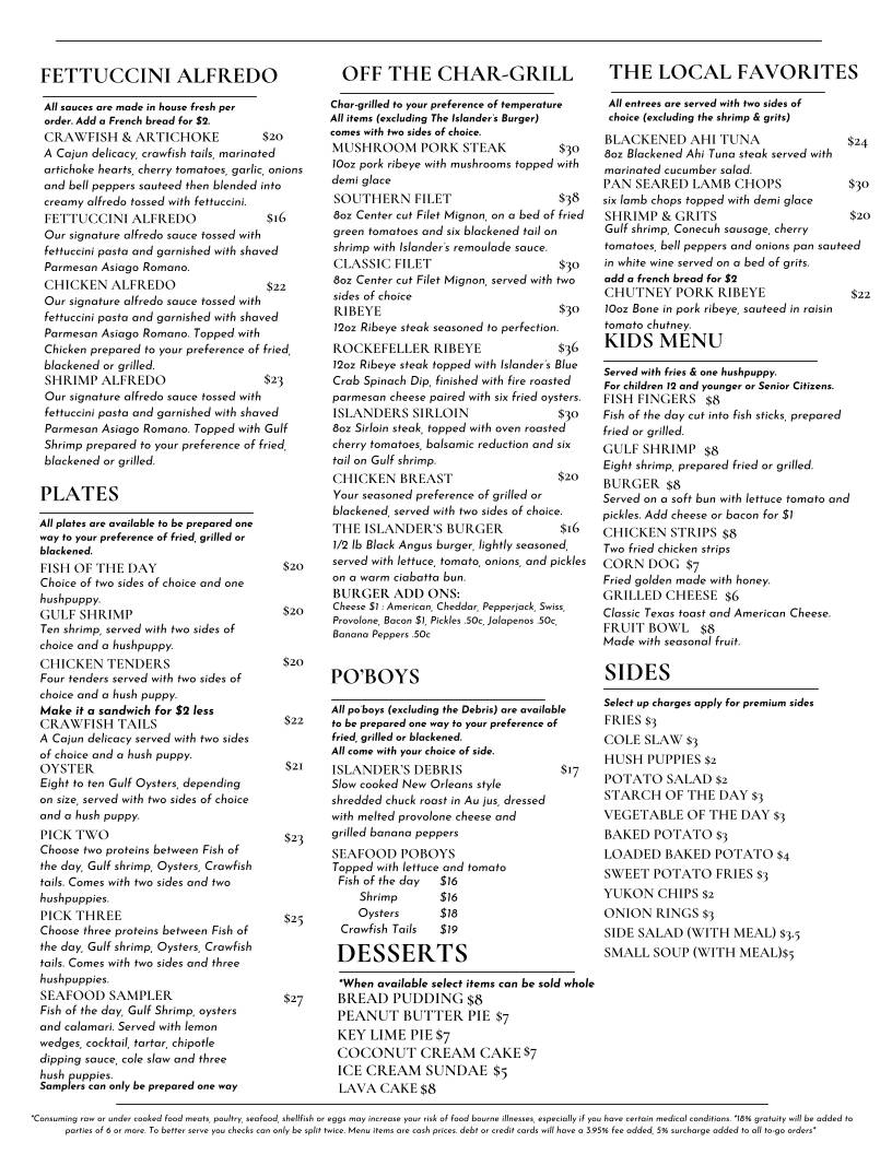 Menu at Islanders Restaurant & Bar, Dauphin Island