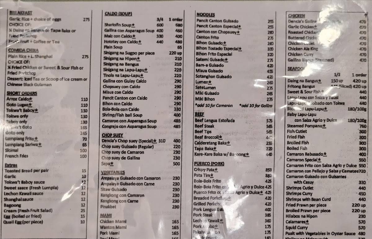 Menu at Davao Dencia's Restaurant, Davao City, General Luna St