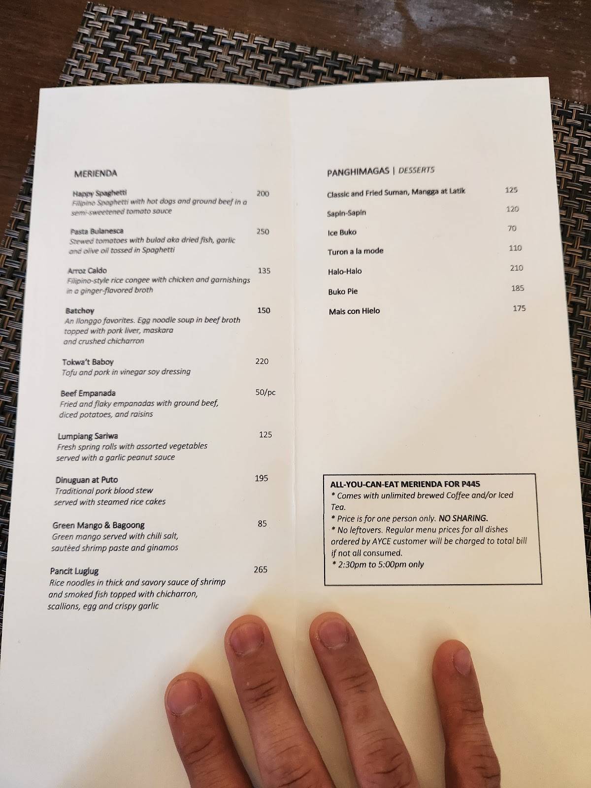 Menu at Tola, Kan-anan sa Balay Oboza restaurant, Davao City