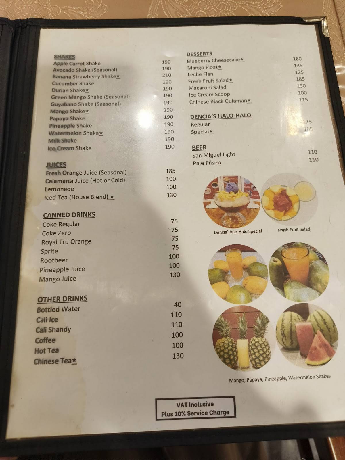 Menu at Davao Dencia's Restaurant, Davao City, General Luna St