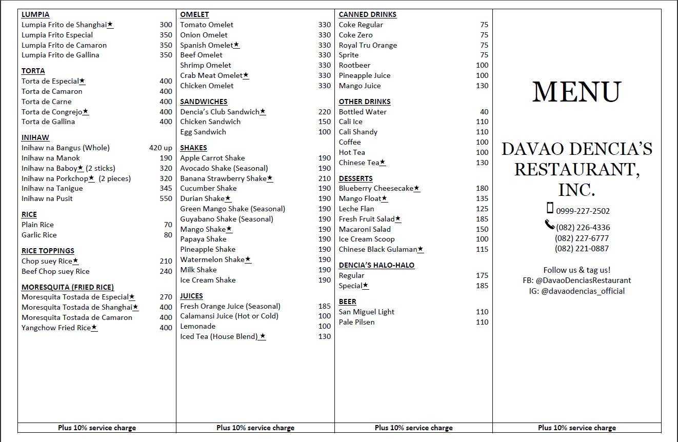 Menu at Davao Dencia's Restaurant, Davao City, General Luna St