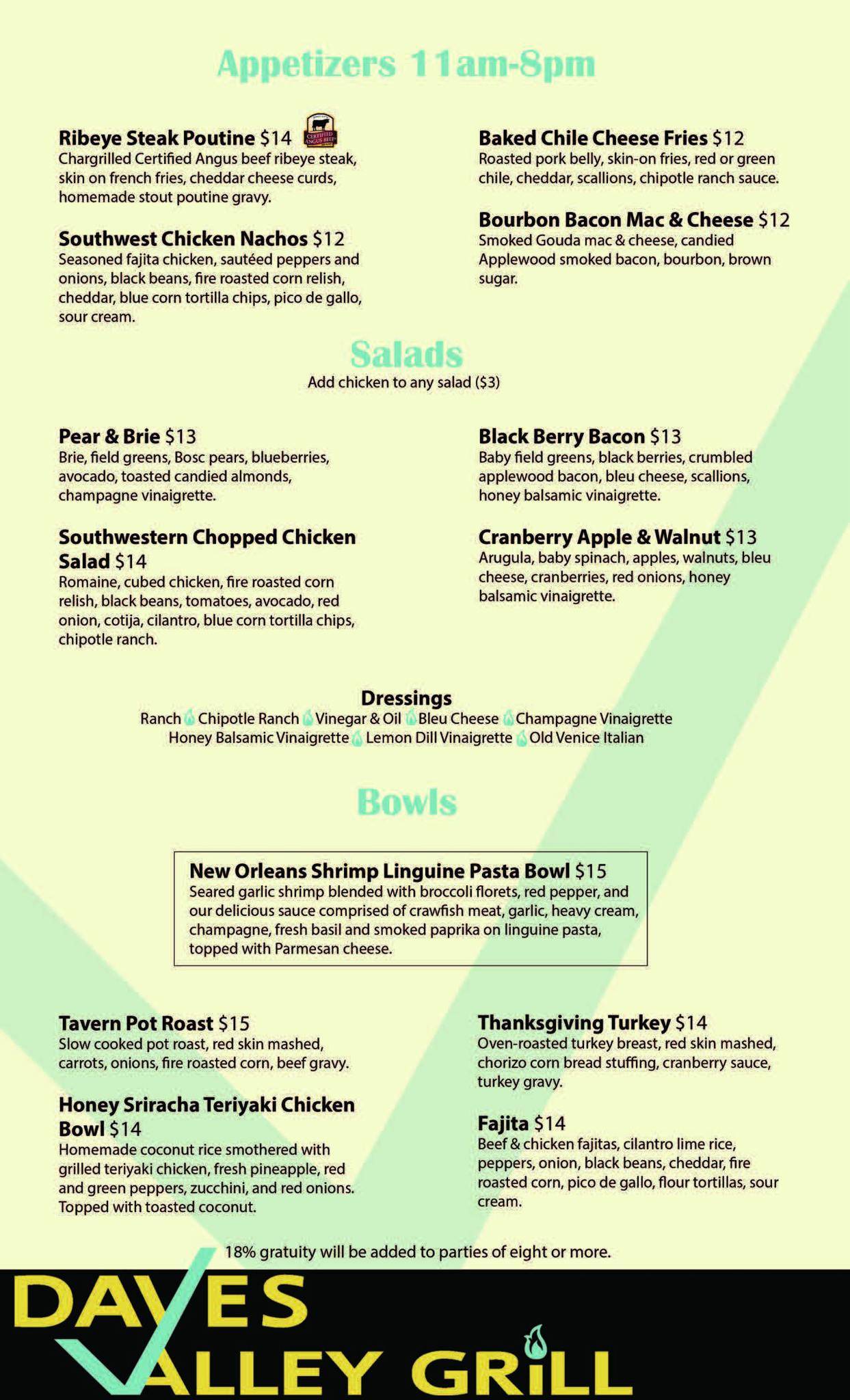 Menu at Dave's Valley Grill cafe, Los Ranchos de Albuquerque