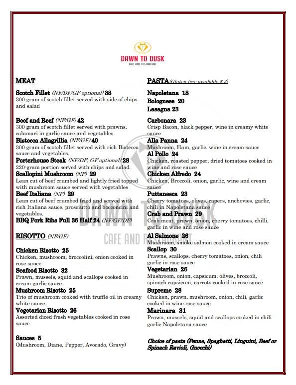 Menu at Dawn to Dusk Cafe and Restaurant, Newton