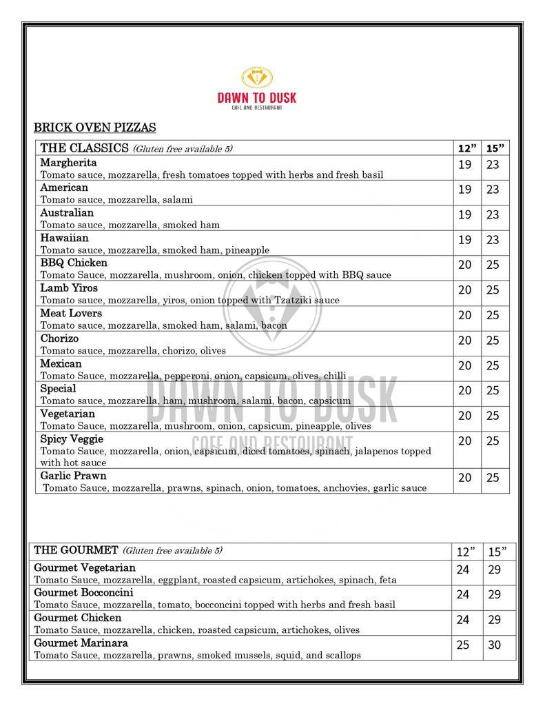 Menu at Dawn to Dusk Cafe and Restaurant, Newton