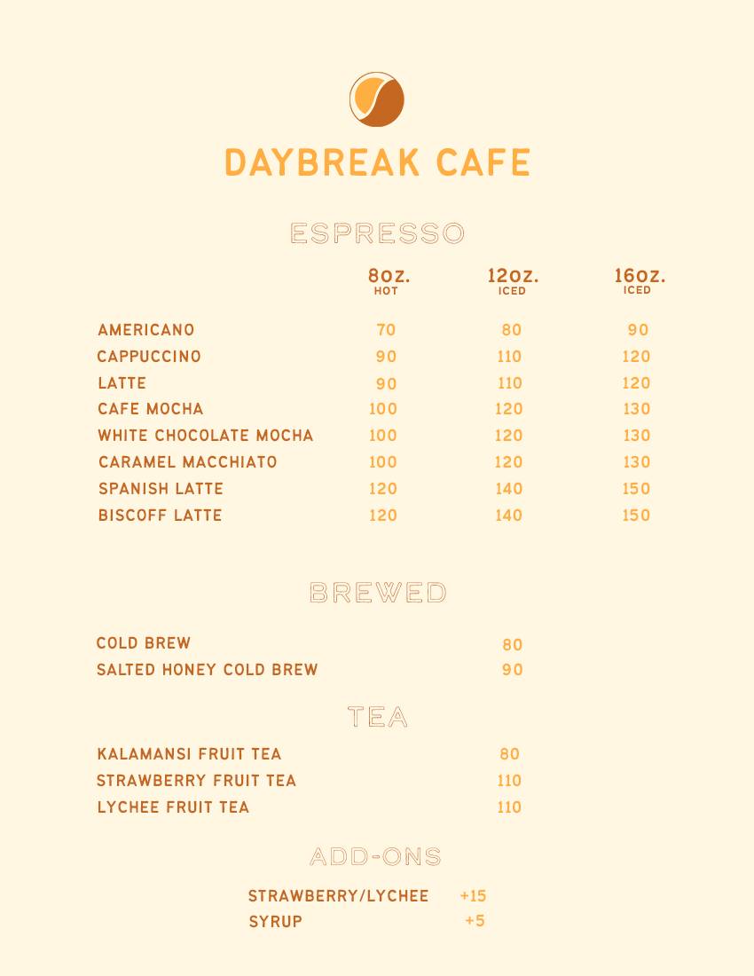 Menu at Daybreak Café cafe, Quezon City