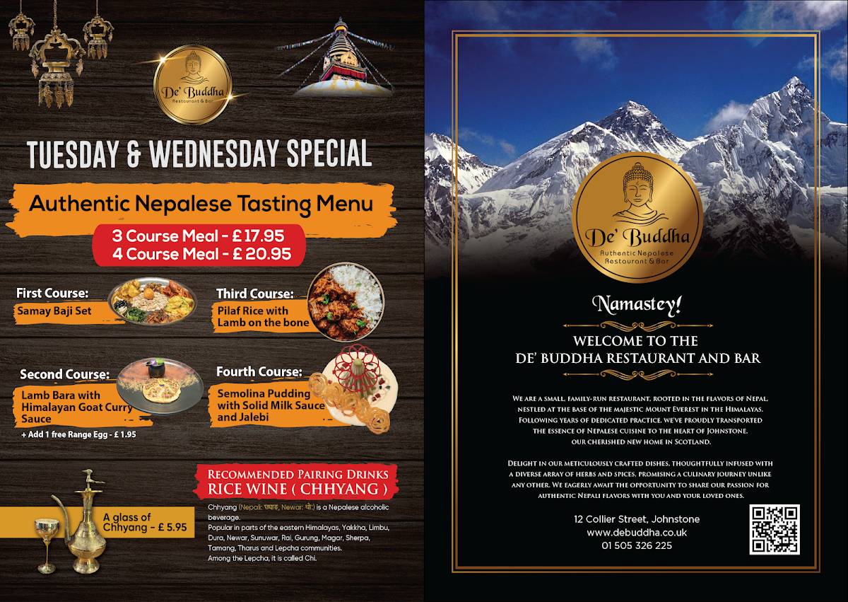 Menu at Dé Buddha Authentic Nepalese Restaurant & Bar, Johnstone