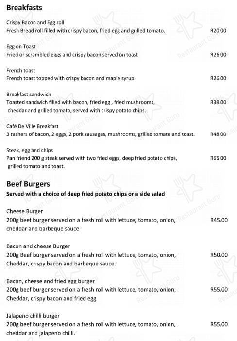 Menu at Cafe De Ville, Cape Town