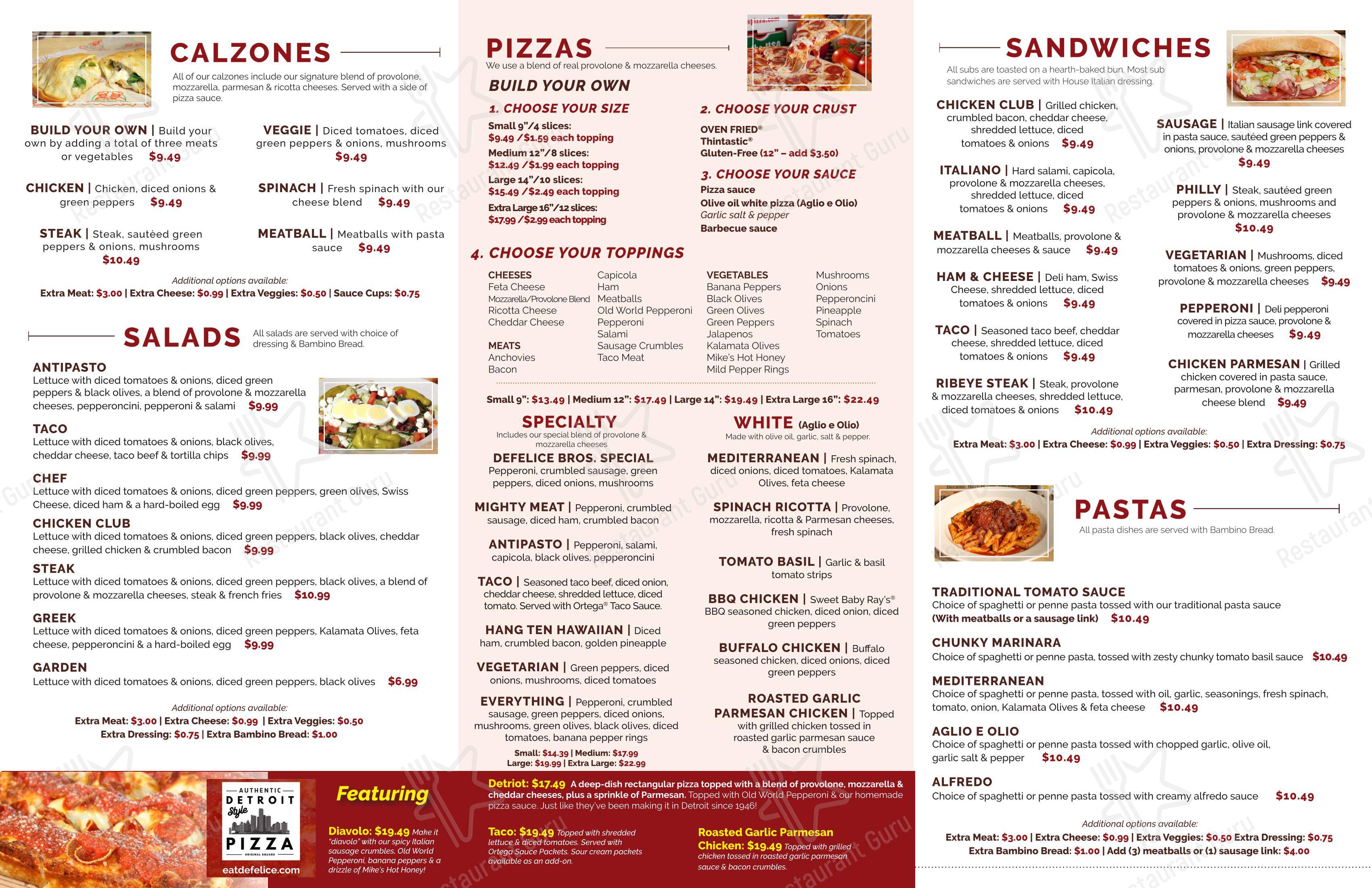 Menu at DeFelice Brothers Pizza pizzeria, Weirton