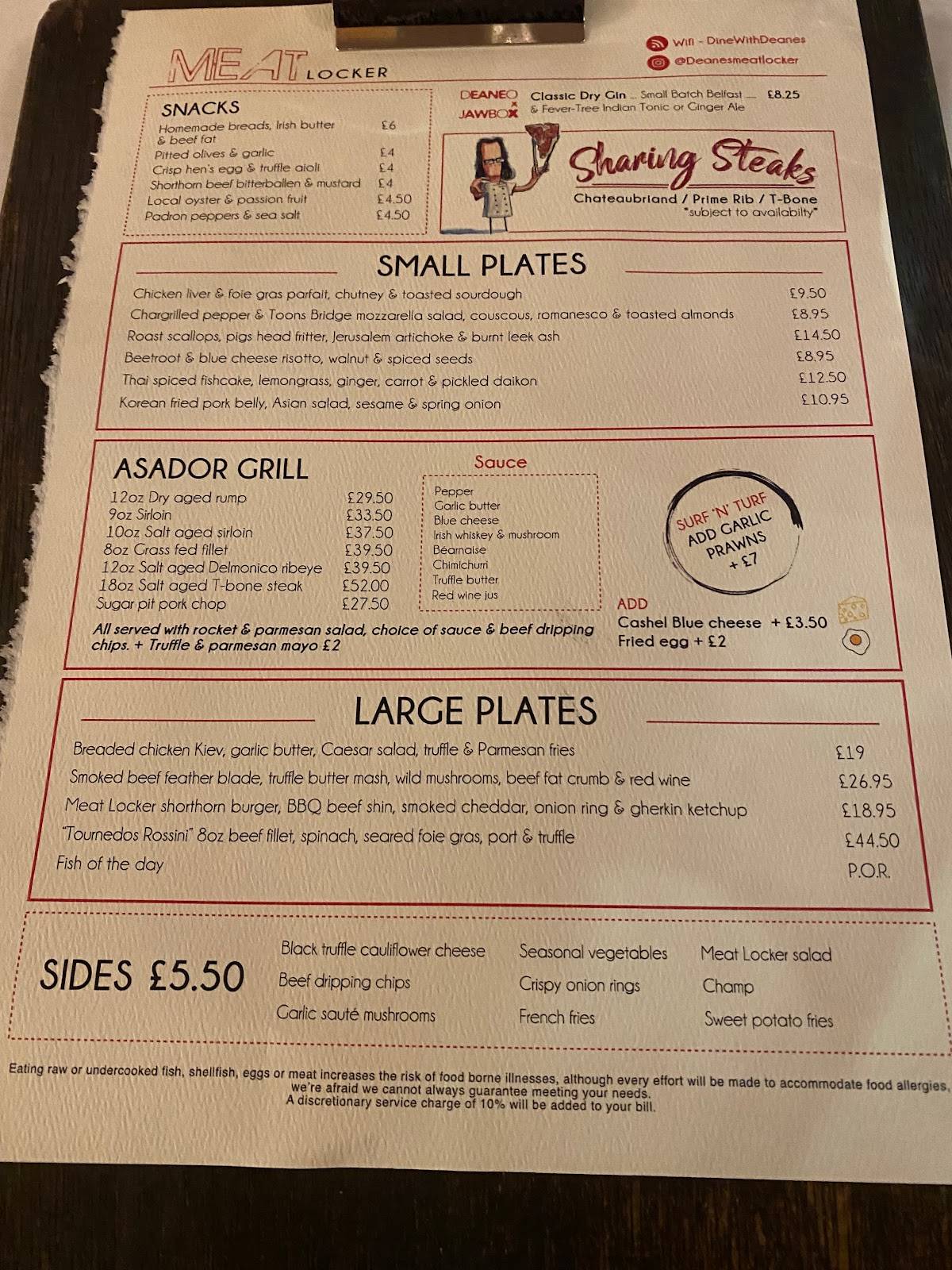 Menu at Deanes Meat Locker restaurant, Belfast