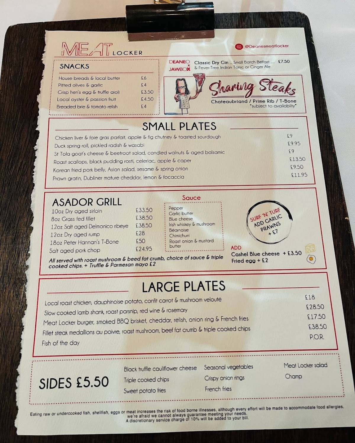 Menu at Deanes Meat Locker restaurant, Belfast