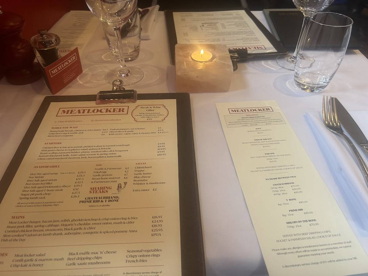 Menu at Deanes Meat Locker restaurant, Belfast
