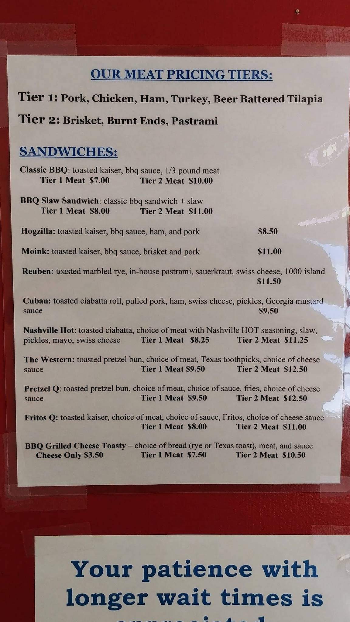 Menu at Carrol Lou's Smokehouse restaurant, Decatur