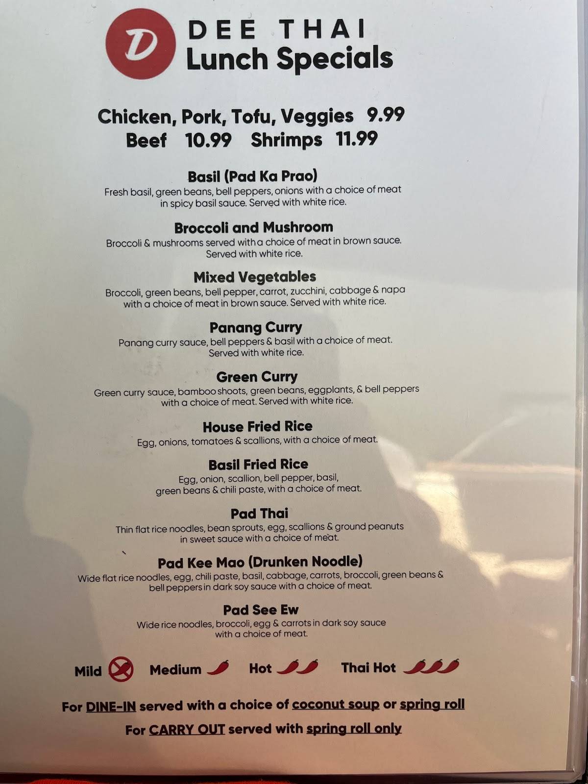 Menu at Dee Thai restaurant, Alpharetta