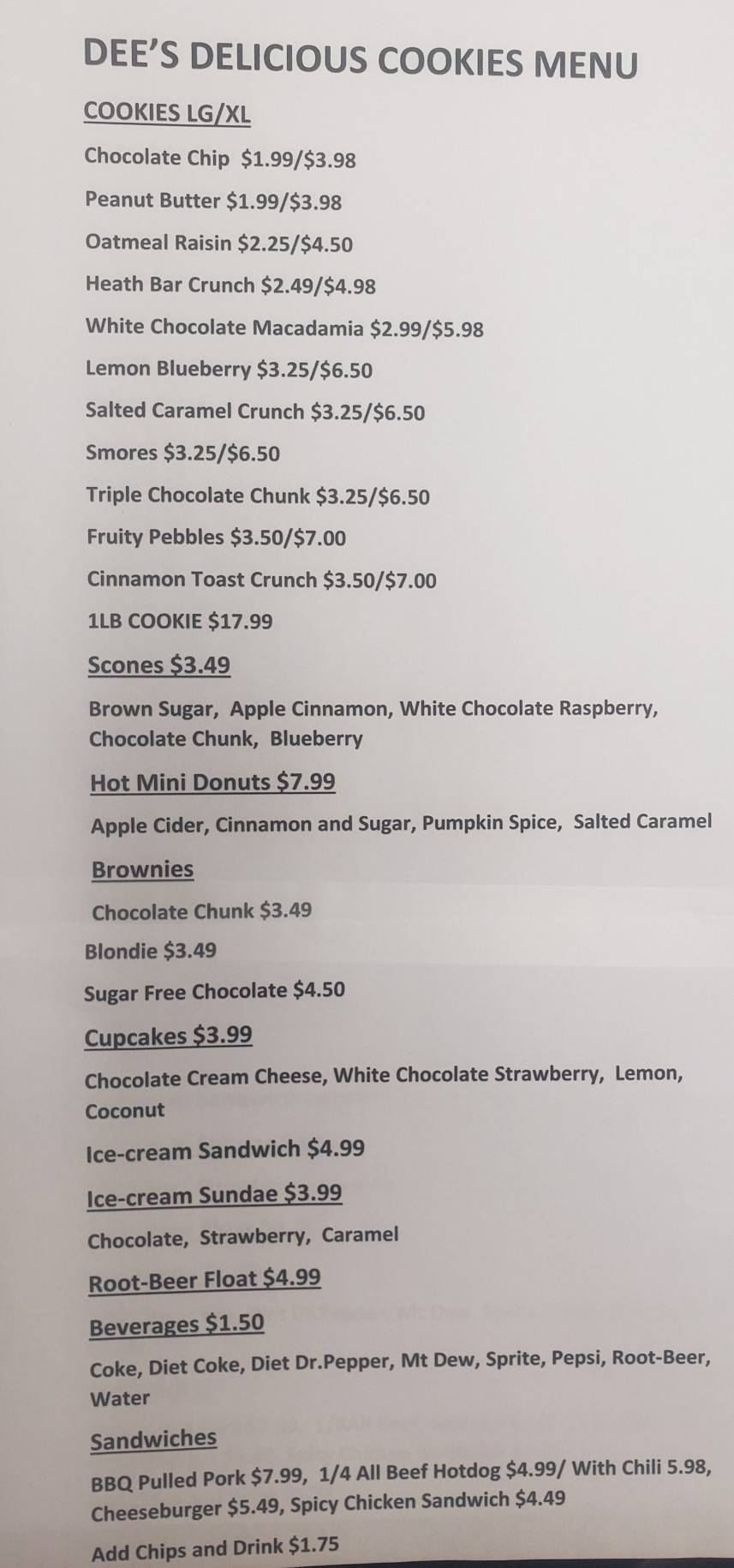 Menu at Dee's Delicious Cookies, Bullhead City, AZ-95 Suite 55