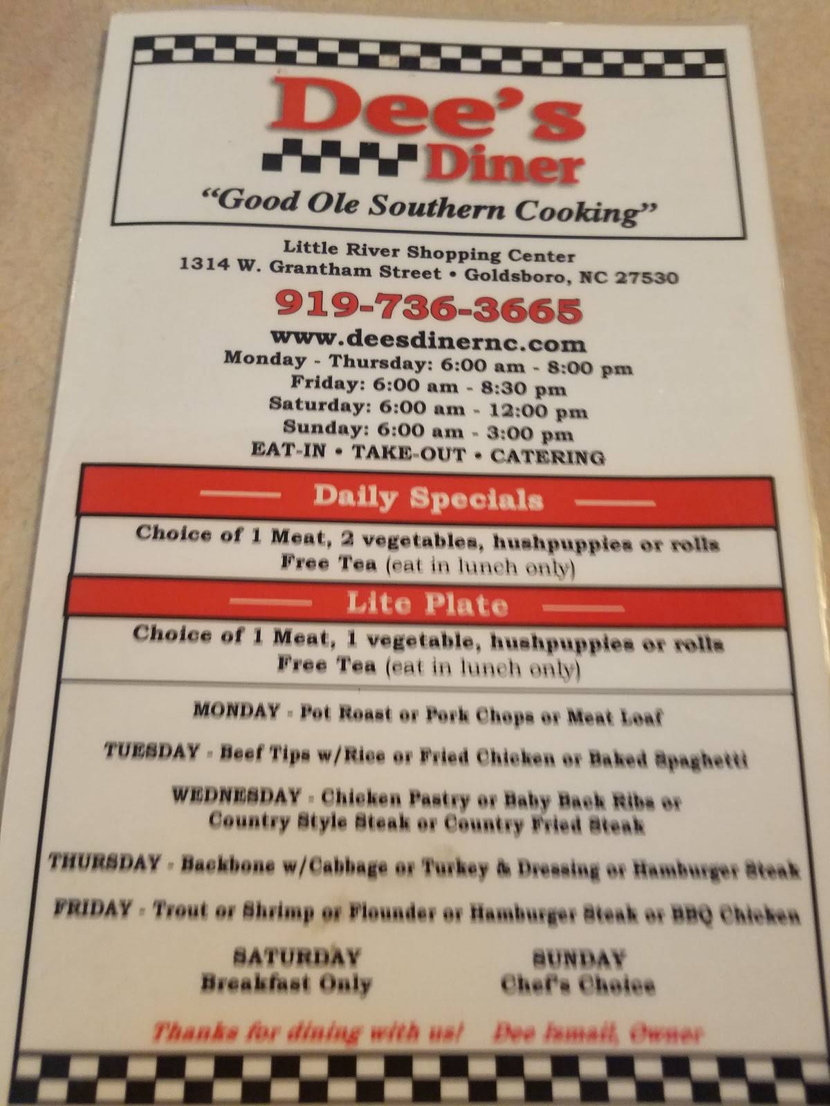Menu at Dee's Diner restaurant, Goldsboro, W Grantham St