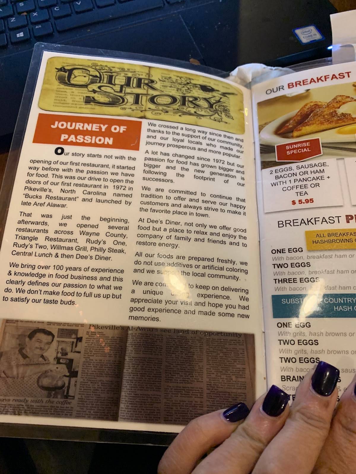 Menu at Dee's Diner restaurant, Goldsboro, W Grantham St