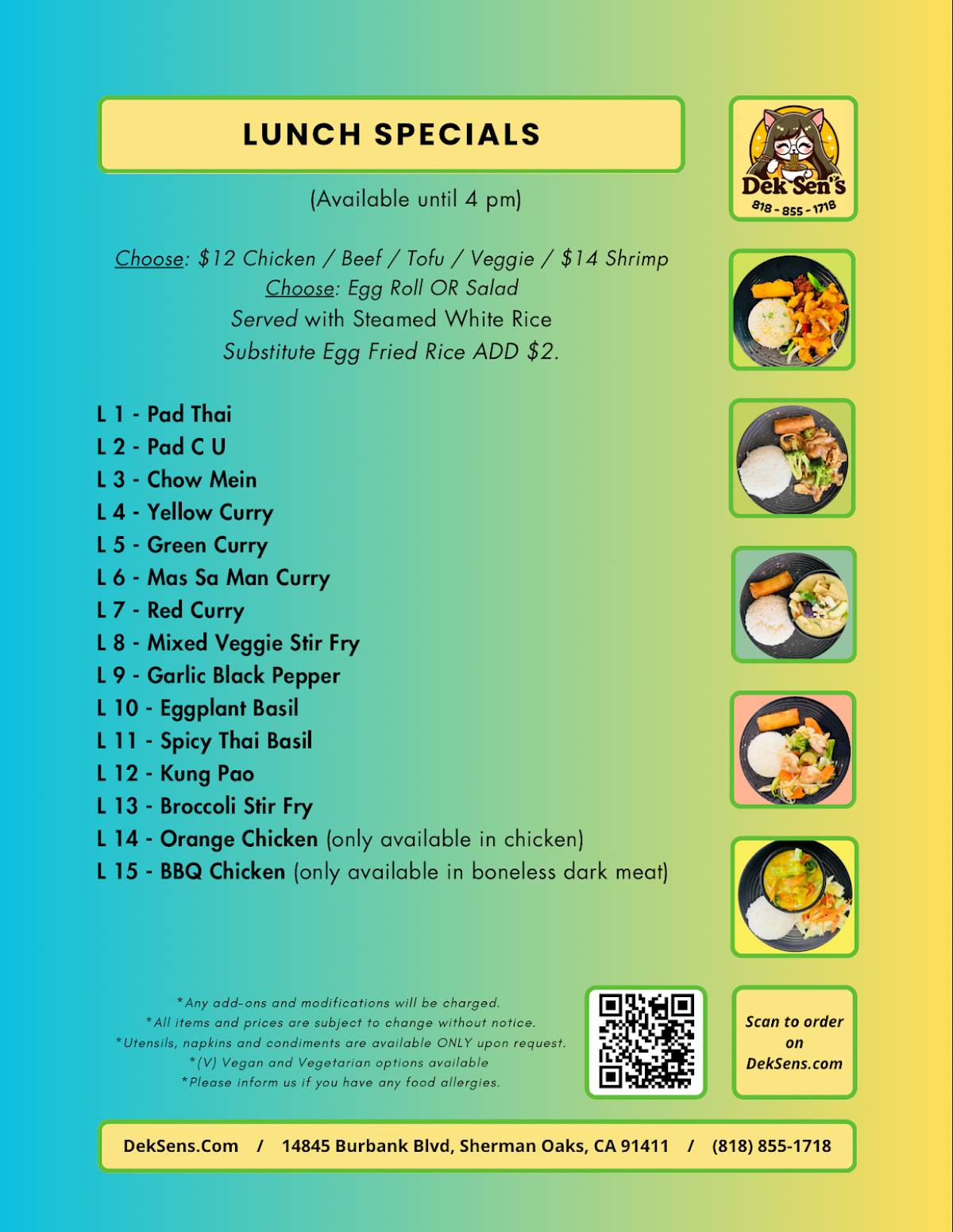 Menu at Dek Sen's fast food, Los Angeles, Burbank Blvd