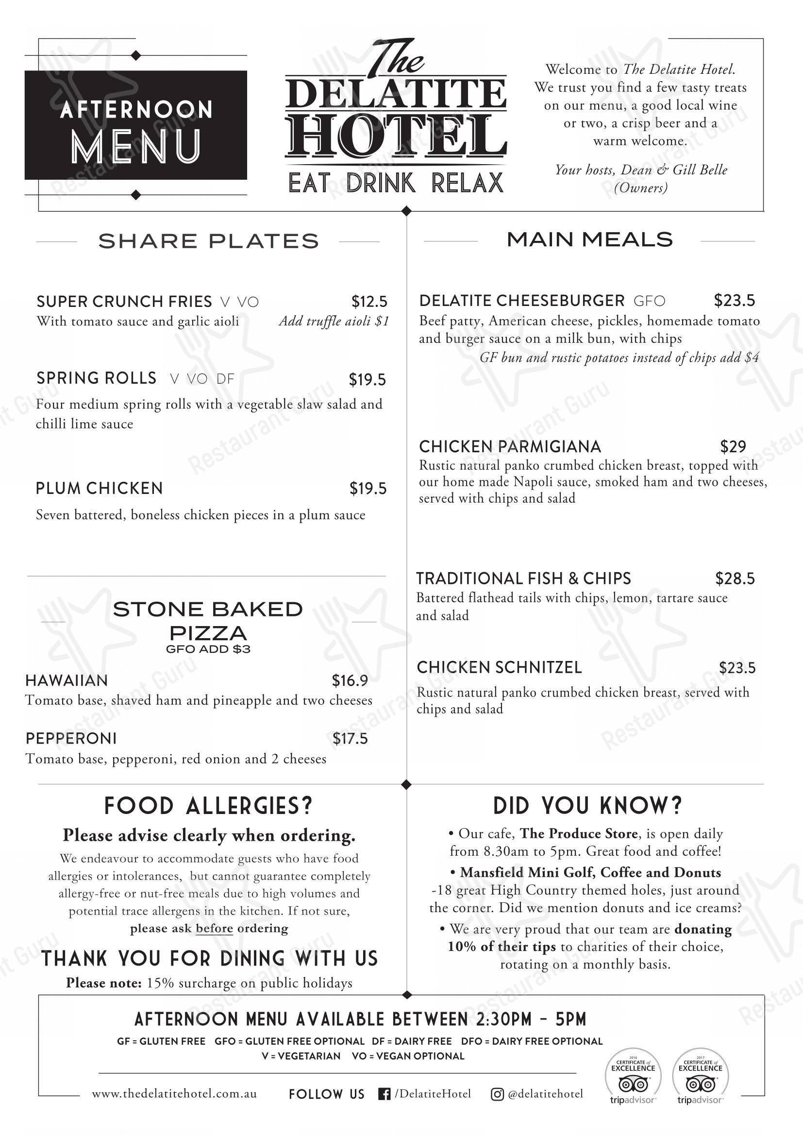 Menu at Delatite Hotel, Mansfield pub & bar, Mansfield