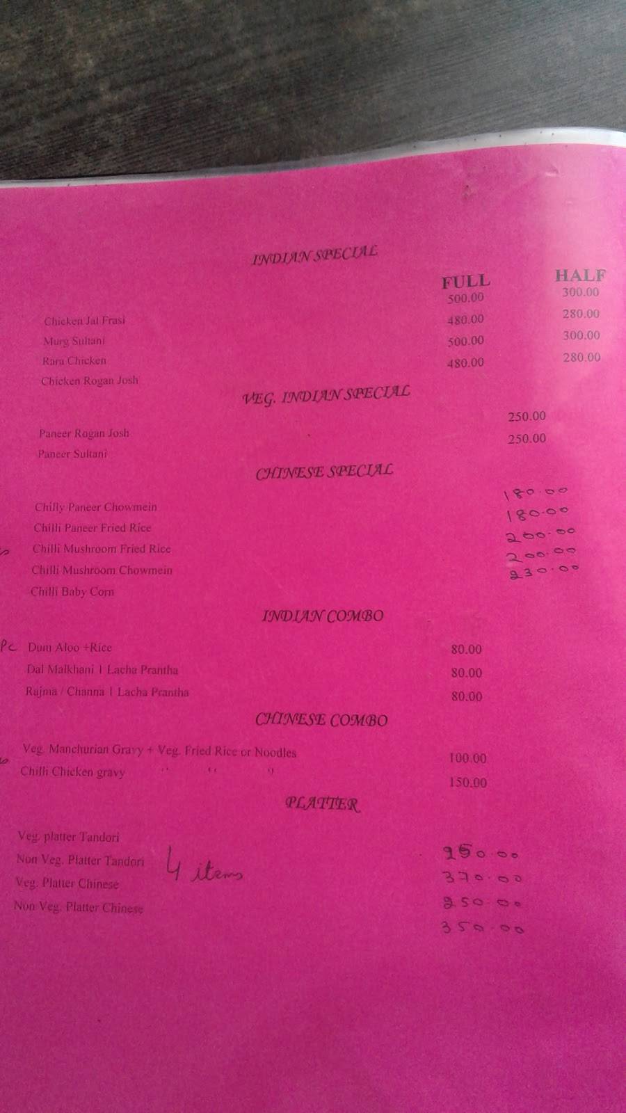 Menu at Delicacy, Jammu