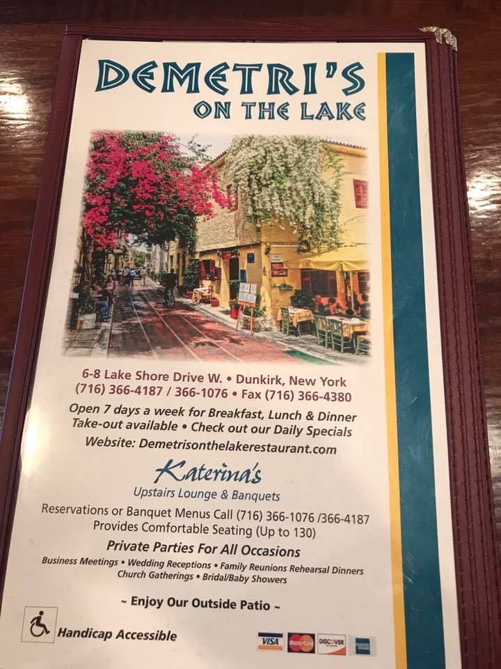 Menu at Demetri's On the Lake restaurant, Dunkirk, 6-8 Lake Shore Dr W