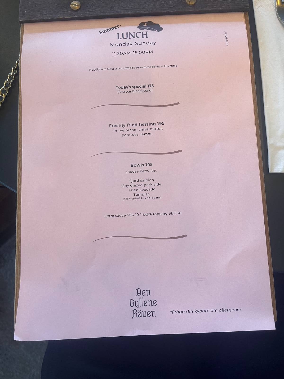 Menu at Den Gyllene Räven restaurant, Norrtälje