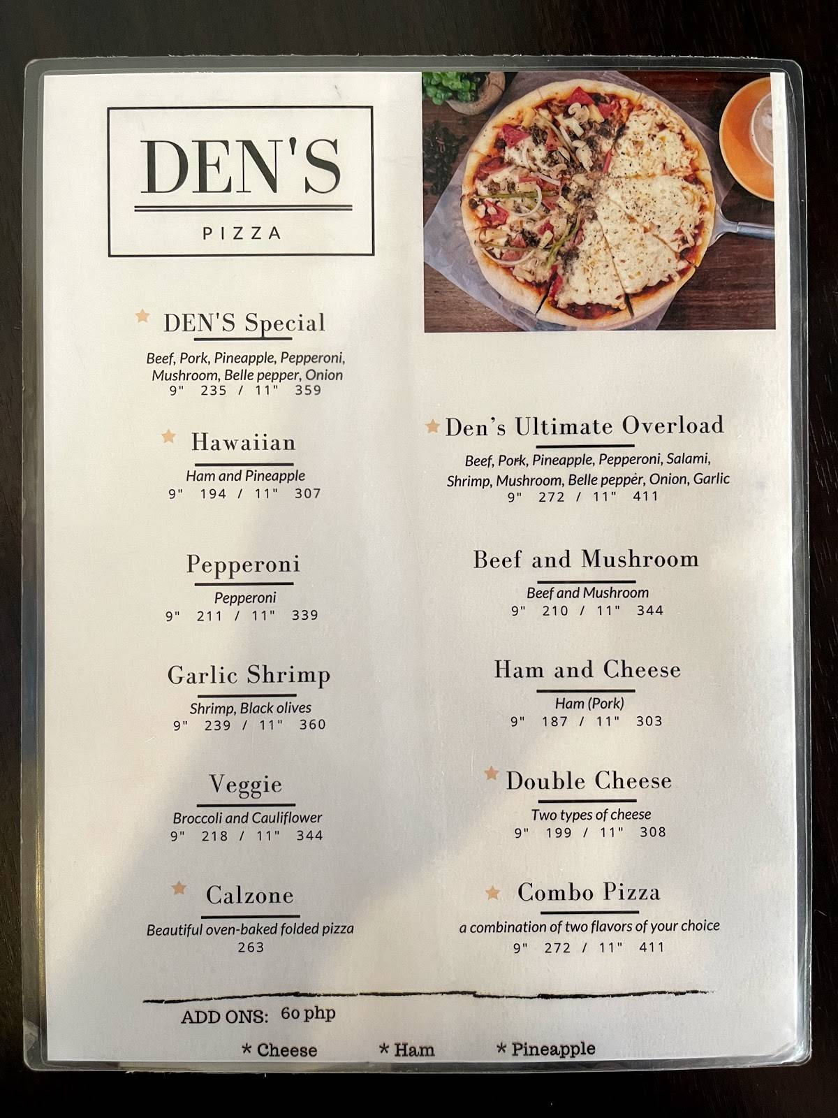 Carta del café Den's Coffee, Panabo