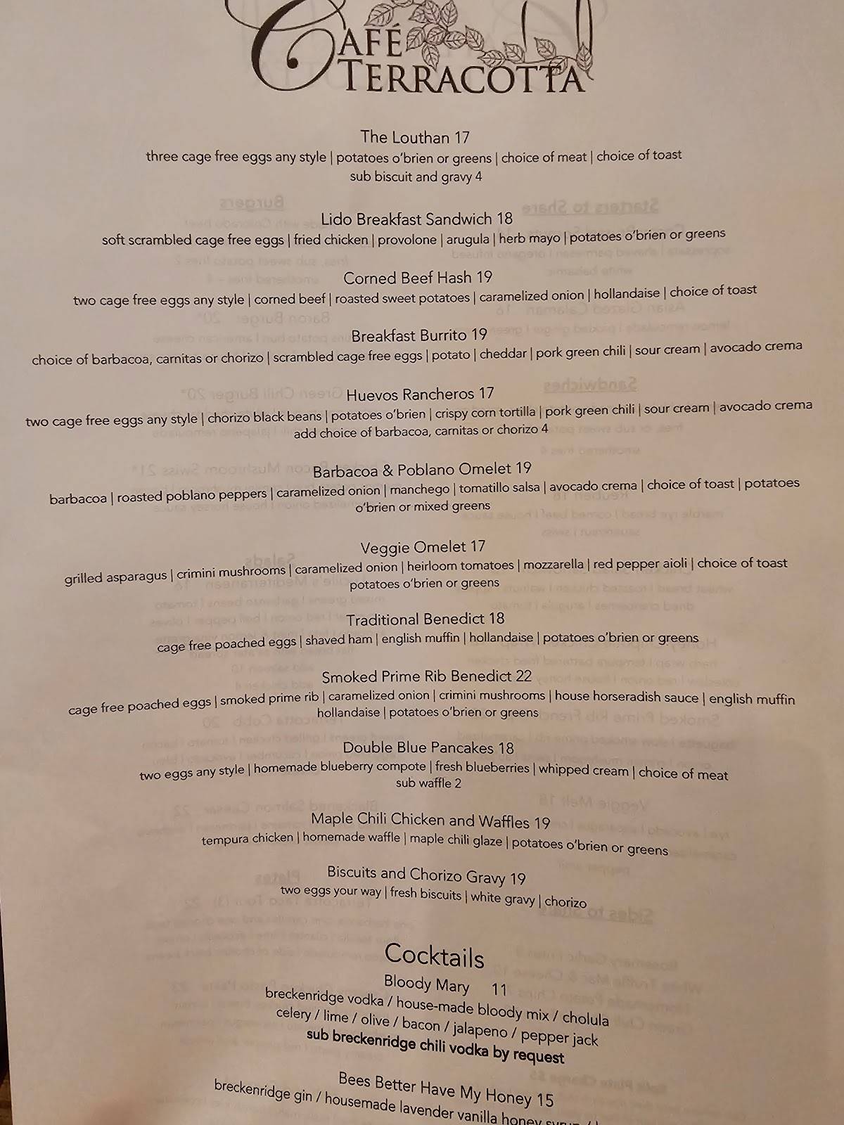 Menu at Cafe Terracotta, Littleton