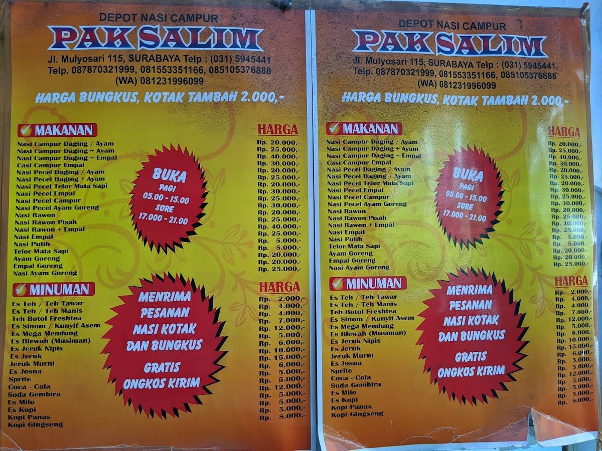 Carta del restaurante Depot Nasi Campur Pak Salim, Surabaya