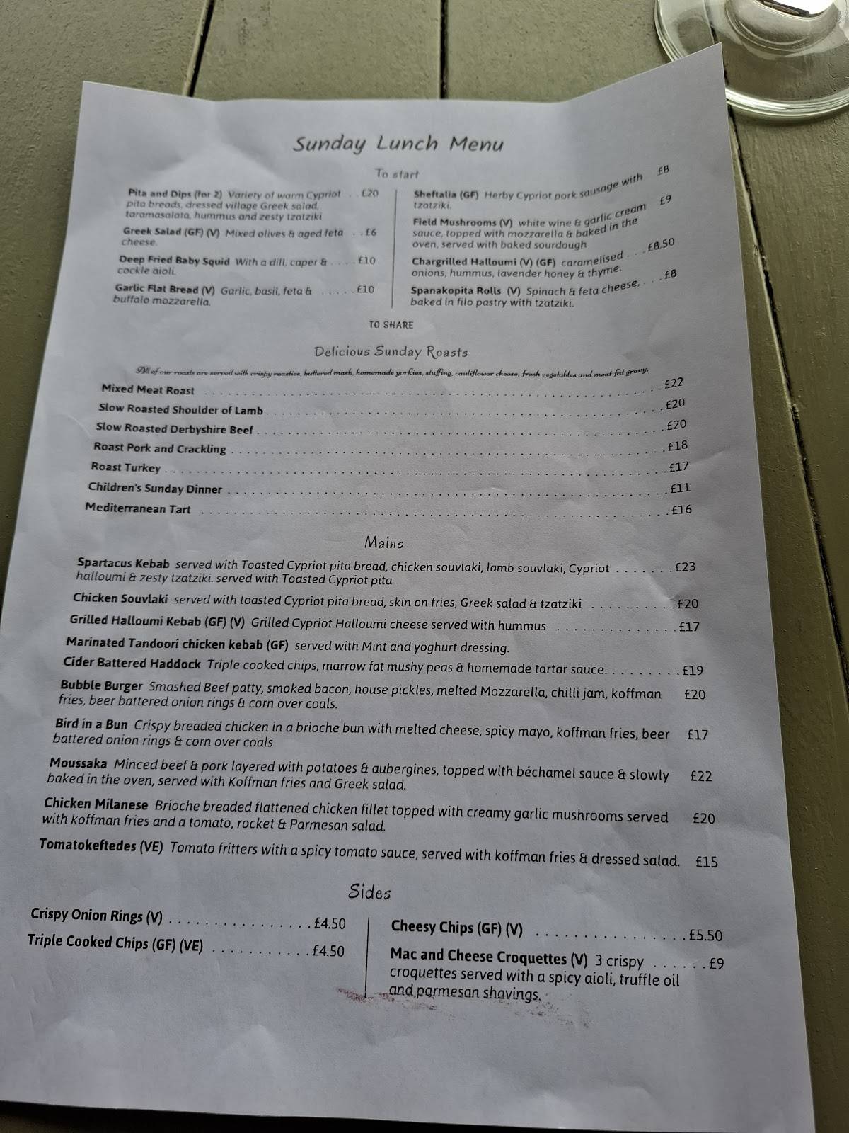 Menu at The Bubble Inn pub & bar, Derby
